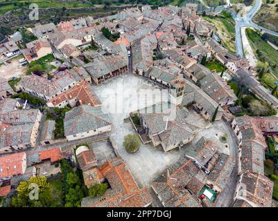 Medieval walled city of Pedraza in Segovia general panoramic aerial ...