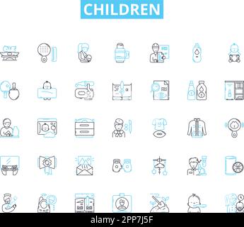 Children linear icons set. Playful, Innocent, Creative, Curious ...