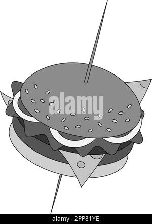 Hamburger on a skewer in grayscale under the bun. Unhealthy eating ...