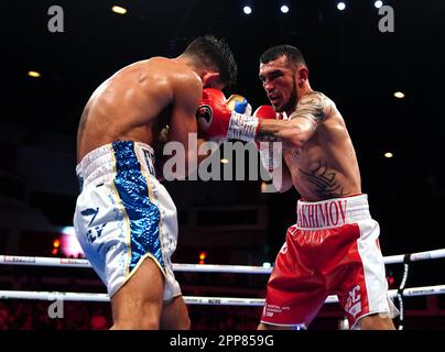 Joe Cordina (left) and Shavkatdzhon Rakhimov in the IBF World Super Feather weight bout at ...