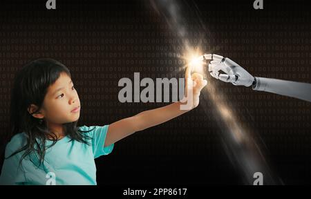 A robot and a girl's hands touch and connect on binary code background. Smart AI, Machine ...