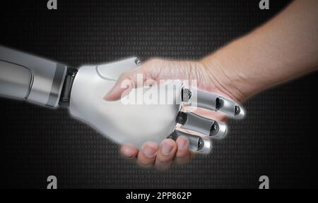 Robot and human hands hold and connect on binary code background. Smart AI, Machine learning ...