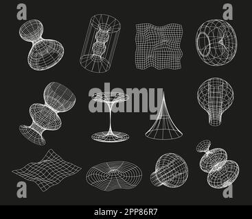 Retrofuturistic, wireframe line elements vector set. Perspective grids in cyberpunk style. Polar ...