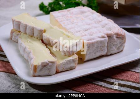 French cheeses collection, yellow Vieux Pane cheese with white mold ...