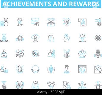 Achievements and rewards linear icons set. Accomplished, Successful, Victory, Champion ...