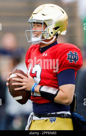 SOUTH BEND, IN - APRIL 12: Notre Dame TE Eli Raridon (9) stiff arms ...