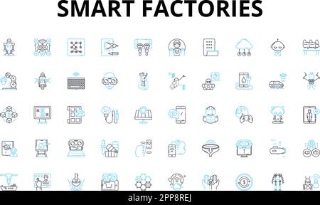 Smart factories linear icons set. Automation, Robotics, Efficiency, Innovation, Integration ...