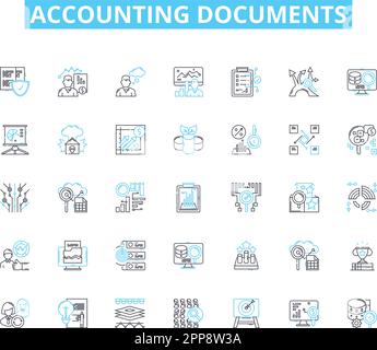 Accounting documents linear icons set. Ledger, Journal, Balance sheet ...