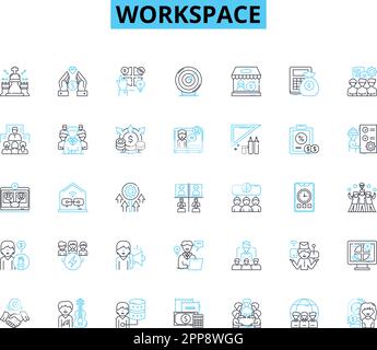 Workspace linear icons set. Desk, Office, Cubicle, Laptop, Files, Chair ...