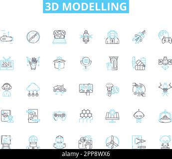 3d modelling linear icons set. Rendering, Sculpting, Texturing ...