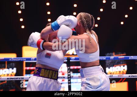 LONDON, UK - APRIL 22: Emily Brooke battles Amber O'Donnell in their ...