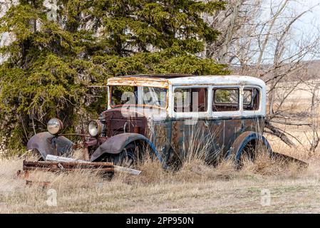 An abandoned vintage car with wooden spokes in a garden on the ...