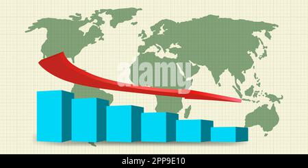 World crisis, decrease chart, moving down arrow on background global map. Chart of financial ...