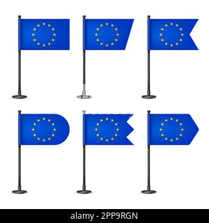 Realistic various European table flags on a chrome steel pole. Souvenir ...