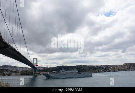 Landing LHD ship L400 Anadolu from the Bosphorus to the Black Sea with ...