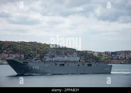 Landing LHD ship L400 Anadolu from the Bosphorus to the Black Sea with ...