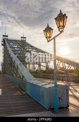 Historic bridge called Blue Wonder accross the river Elbe in Dresden ...