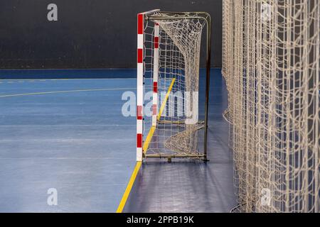 Gate for futsal or handball in gym. Detail of gate frame and net ...