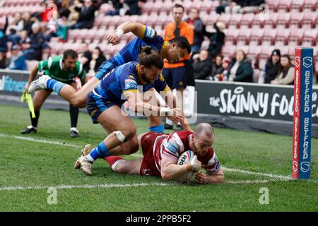 Wigan Warriors Liam Marshall scores a try during the Super League rugby ...