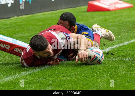 Abbas Miski #23 of Wigan Warriors in action during the Betfred ...