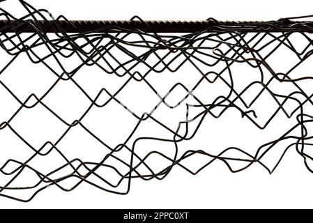 The texture of the metal mesh. Torn, destroyed, broken metal mesh on a ...