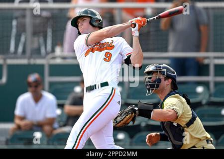 CORAL GABLES, FL - APR 23: Miami infielder Blake Cyr (4) throws to ...