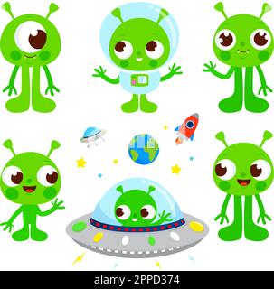 Cartoon cute monsters space of astronauts aliens, rocket, planets ...