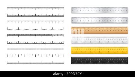Realistic plastic rulers with black inch scale for measuring length or ...