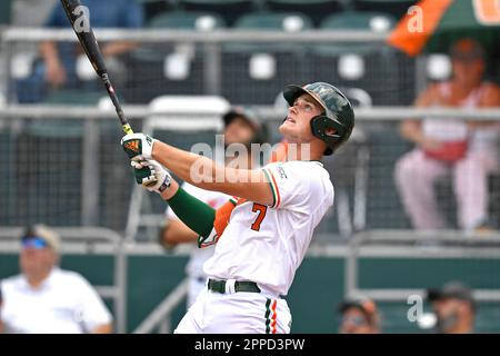 CORAL GABLES, FL - APR 23: Miami infielder Blake Cyr (4) throws to ...