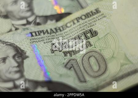 Picture of stacked banknotes of 10 transnistrian rubles. The ruble is ...