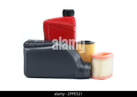 Vehicle engine oil filters elements and motor oil cans isolated on a ...