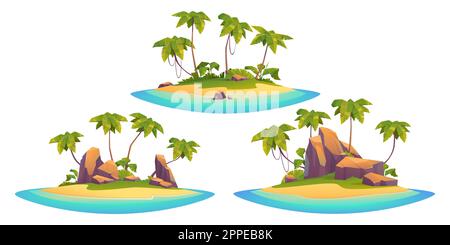 Uninhabited tropical isle cartoon scene set. Tiny sea rock island with ...