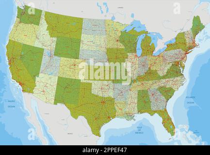 Complex USA political map with, every major city and roads. Green color ...
