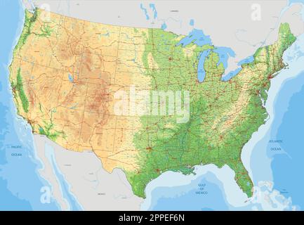 Complex USA physical map with every major city, roads and hydrography ...