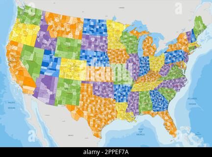 Complex colorful USA political map with every county and major city ...