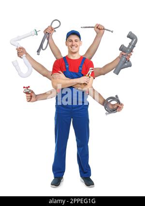 Multitasking concept. Handyman with different tools on white background ...