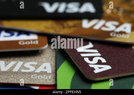 MYKOLAIV, UKRAINE - FEBRUARY 22, 2022: Visa credit cards as background ...