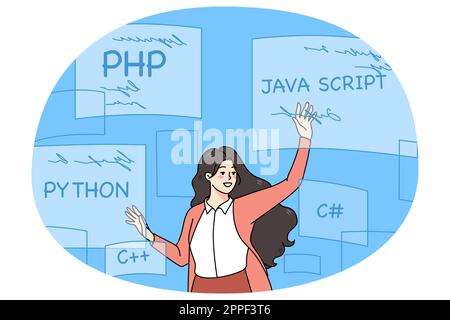 Successful woman coder with scripts programming. Smiling millennial girl write codes for Python ...