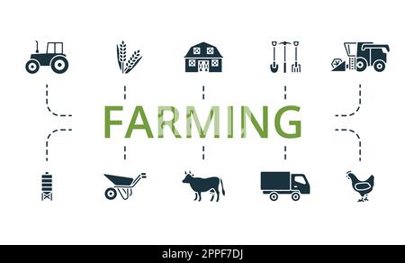 Agronomy set. Creative icons: barn, cultivator, tractor, pickup truck ...