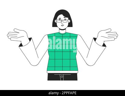 Executive woman shrugging with hands up flat line black white vector ...