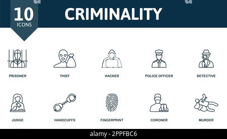 Criminality set. Creative icons: prisoner, thief, hacker, police ...