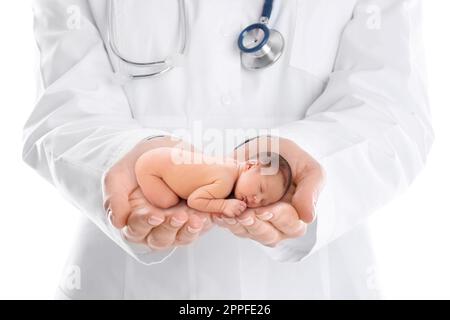 Surrogacy concept. Doctor holding adorable newborn baby on white ...