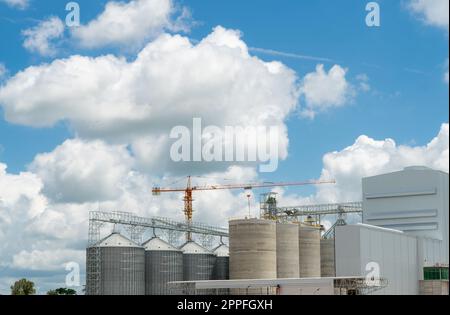 Animal feed factory. Agricultural silo at feed mill factory. Tank for ...