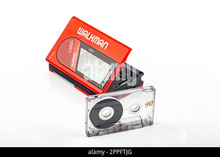 Red Walkman with Headphone and Tape isolated on bright background Stock ...