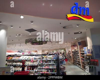 German retailer DM Drogerie Markt drug store logo. Cologne, Germany ...