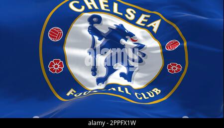 The flag of Chelsea Football Club waving in the wind on a clear day ...