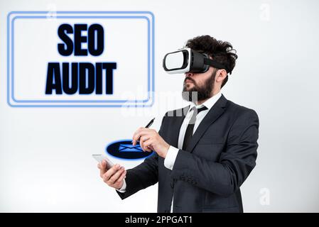 Sign displaying Seo Audit. Business overview Search Engine Optimization validating and verifying ...