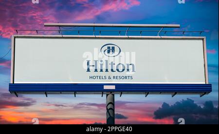 Billboard displaying logo of Hilton Hotels and Resorts Stock Photo - Alamy