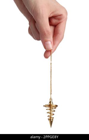 Beautiful golden pendulum with chain isolated on white. Hypnosis ...