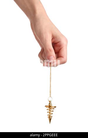 Female hypnotist with swinging pendulum on dark background Stock Photo ...